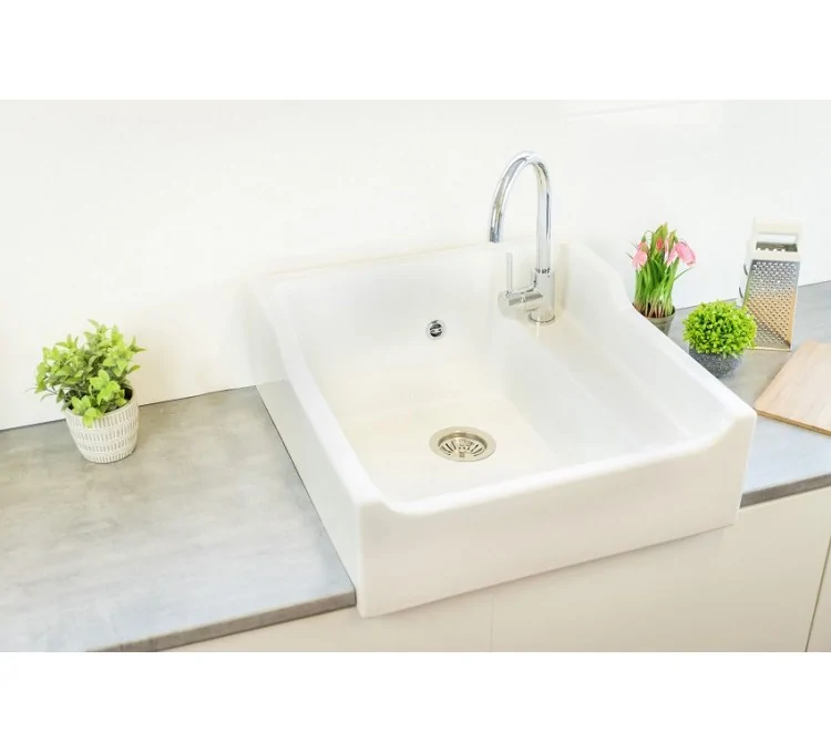 Évier céramique blanc vintage 1 bac 60 cm | Timbre d'office élégant